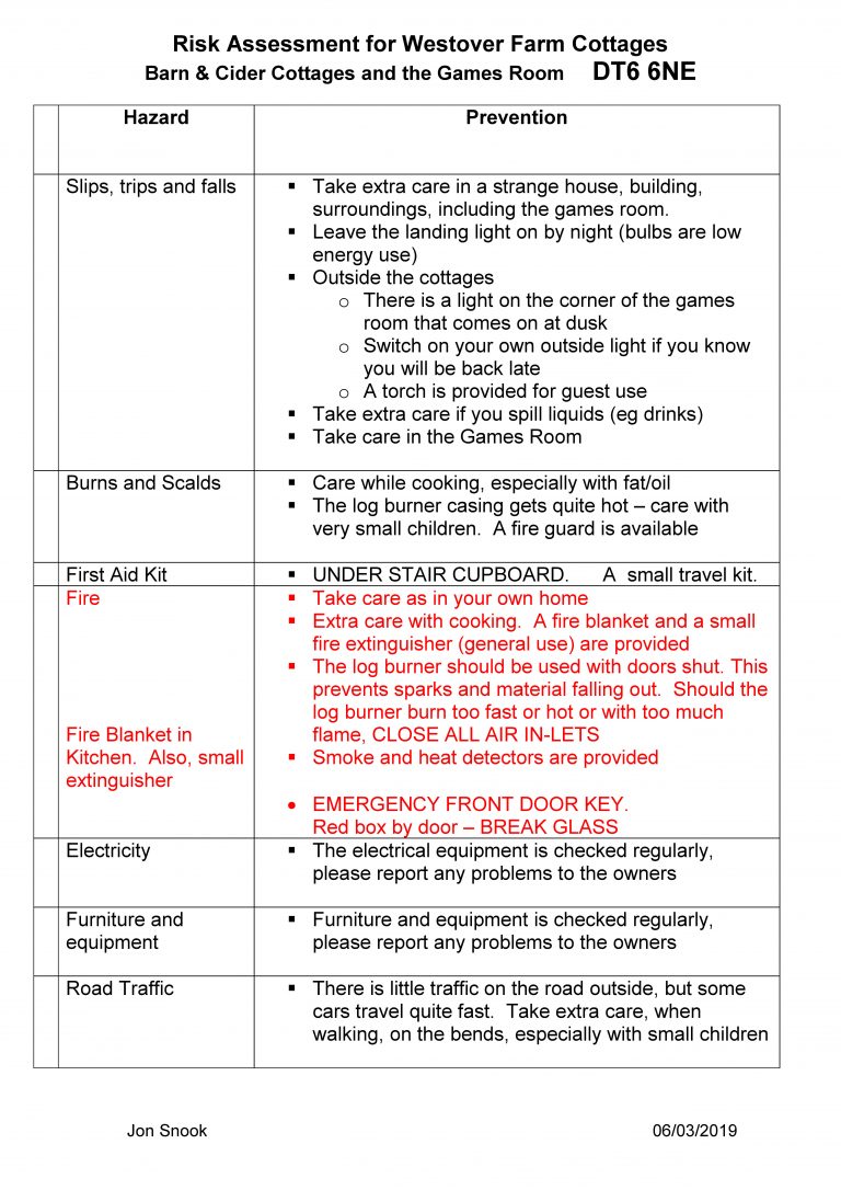 Risk Assessments Cottages - Westover Farm Cottages and Campsite